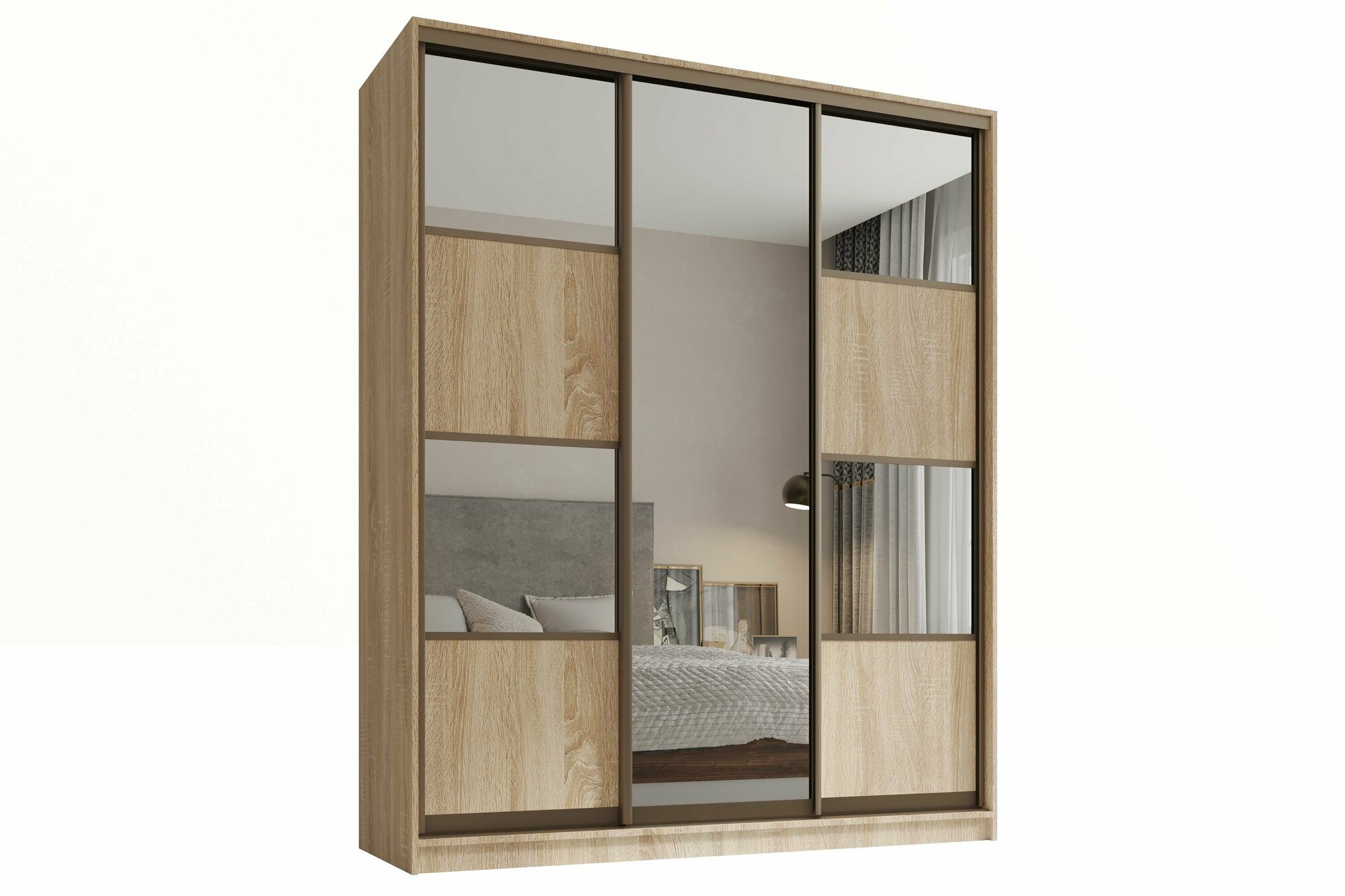 Шкаф купе, для одежды Линц 3, Легкомаркет, 180х60х220, белье/платье/белье, дуб сонома, профиль шампань, с зеркалом