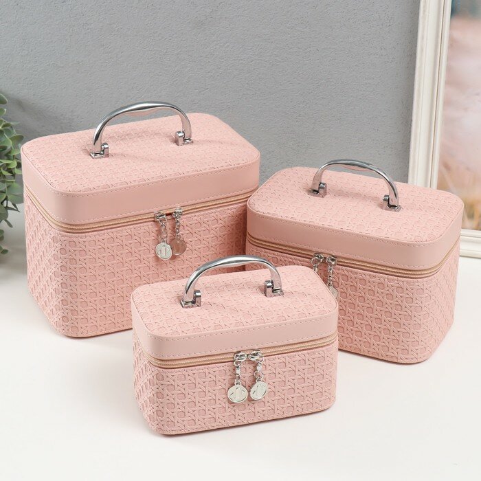 Набор шкатулок для украшений с зеркалом «Вязка. Розовый», 3 шт, искусственная кожа