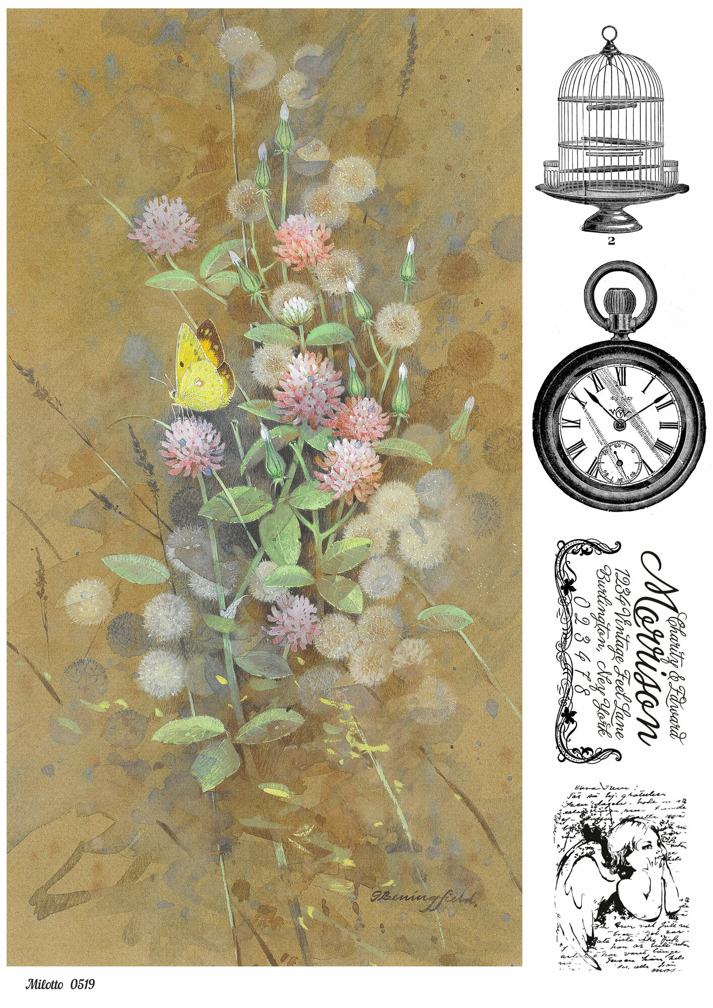 Рисовая бумага для декупажа карта А4 салфетка 0519 клевер бабочка винтаж крафт DIY