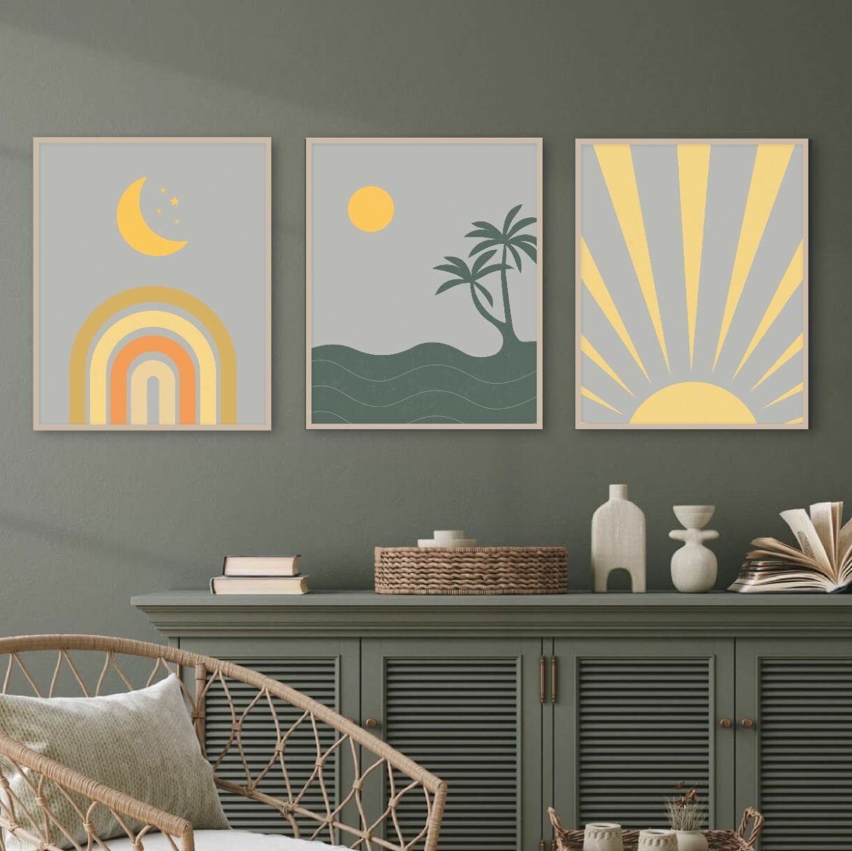 Постер 3 шт 40х50 без рамки "Рассвет и закат, ночь на море" набор картин для интерьера