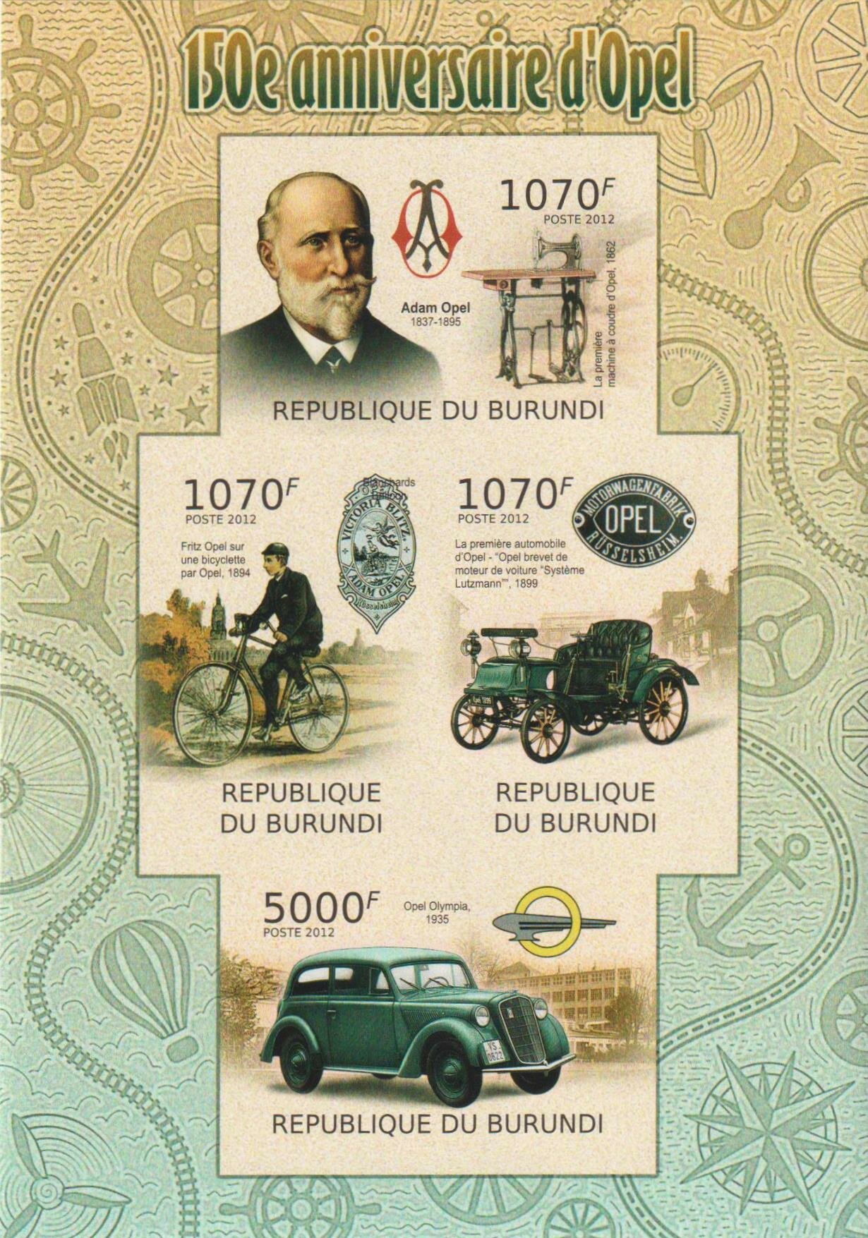 Почтовые марки Бурунди 2012г. "Адам Опель - 150 лет автомобилям Opel" Автомобили, Инженеры MNH