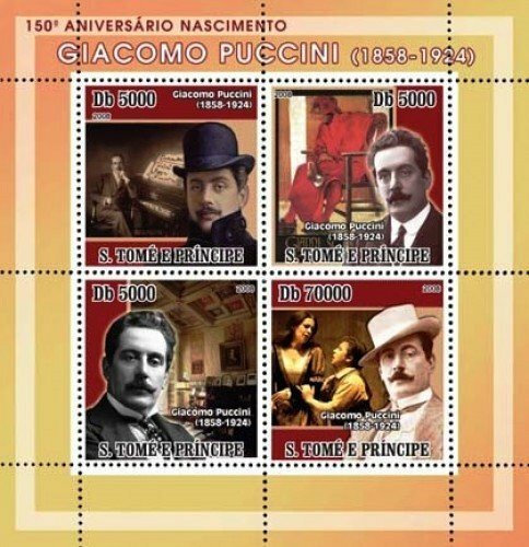 Почтовые марки Сан-Томе и Принсипи 2008г. "150 лет со дня рождения Джакомо Пуччини" Композиторы MNH