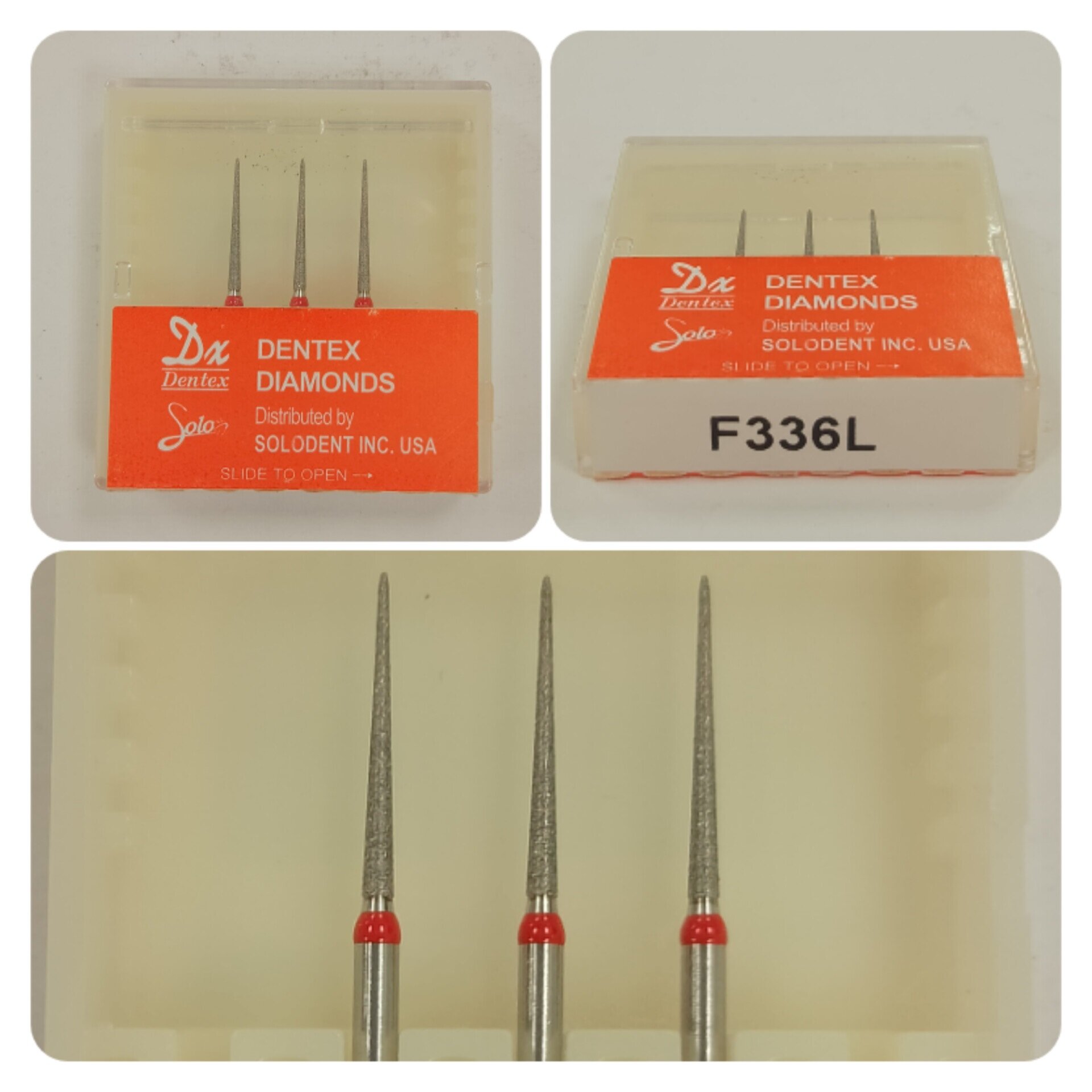 Боры стоматологические Dentex алмазные турбинные F 336L размер 012 красная насечка, нержавеющая сталь, 3 штуки