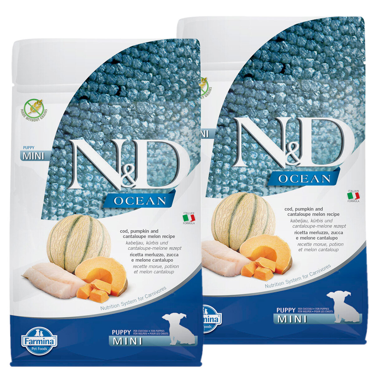 FARMINA DOG N&D OCEAN PUPPY MINI COD, PUMPKIN & CANTALOUPE MELON беззерновой для щенков маленьких пород с треской, тыквой и дыней (0,8 + 0,8 кг)