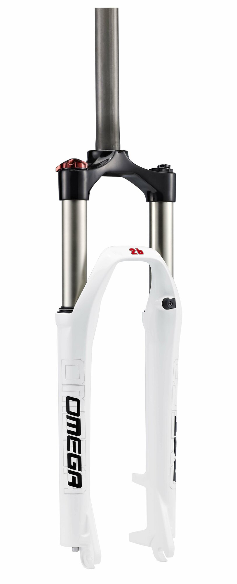 Вилка амортизационная велосипедная 27,5"х28,6 пружинно-масляная, регулируемая, 100мм, для дискового тормоза, белая RST OMEGA TNL