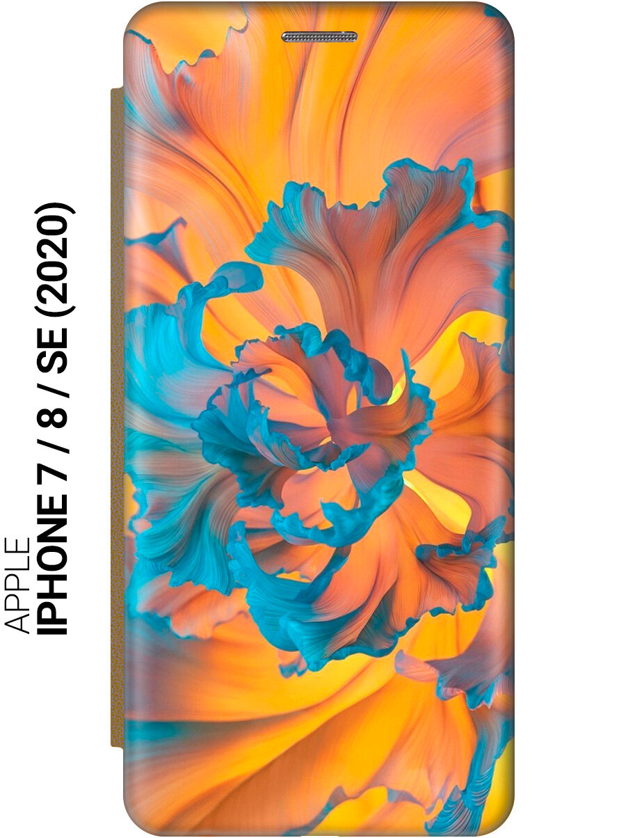 Чехол-книжка на Apple iPhone SE (2022) / SE (2020) / 8 / 7 / Эпл Айфон СЕ 2022 / СЕ 2020 / 8 / 7 с рисунком "Желто-голубой цветок" золотистый