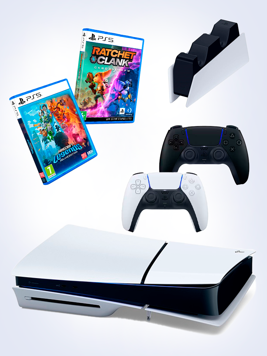PS5 (ПC5) Игровая приставка Sony PlayStation 5 Slim disc + 2-й геймпад(черный) + зарядное + игра Minecraft+ игра Ratchet Clank