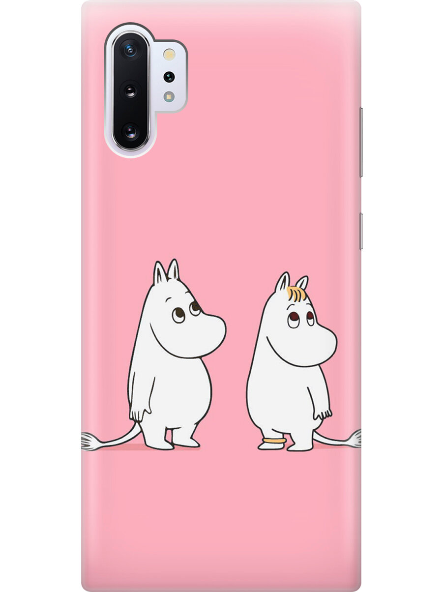 Силиконовый чехол на Samsung Galaxy Note 10+, Самсунг Ноут 10+ с принтом "Муми-тролли на розовом"