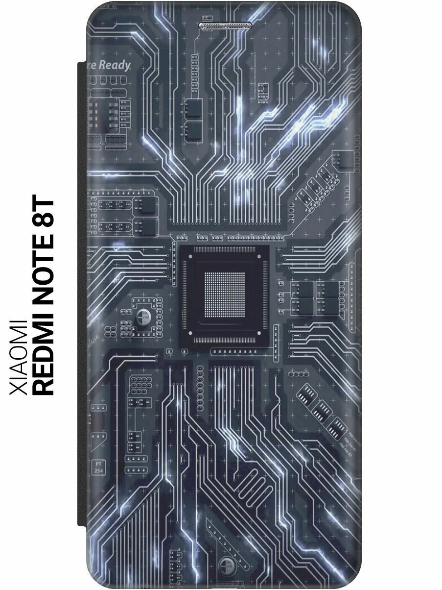 Чехол-книжка на Xiaomi Redmi Note 8T, Сяоми Редми Ноут 8Т с 3D принтом "Синяя микросхема" черный