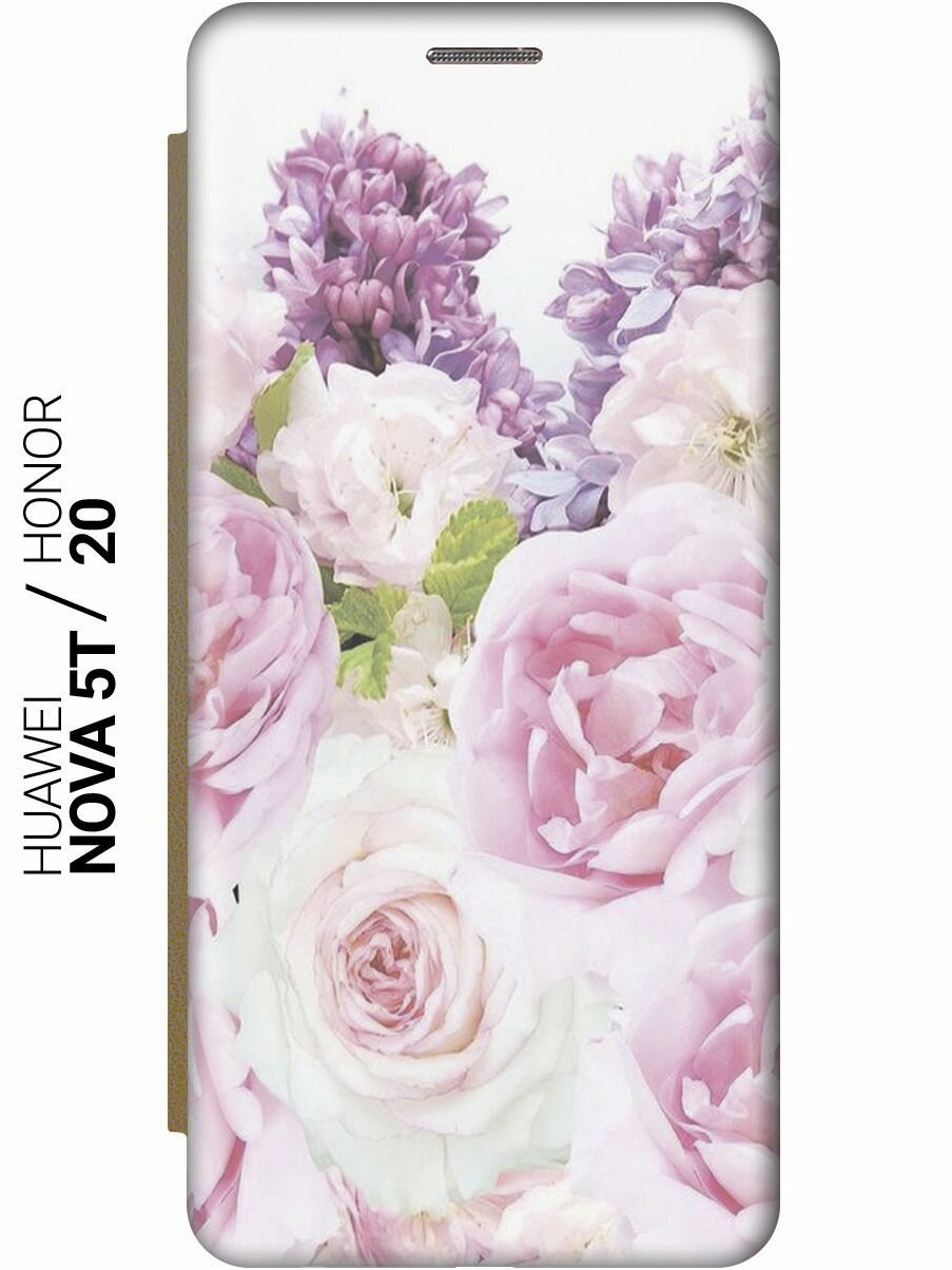 Чехол-книжка на Honor 20, Huawei Nova 5T, Хонор 20, Хуавей Нова 5Т с 3D принтом "Розовый букет" золотой