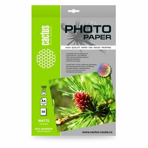 Фотобумага Cactus A4, для струйной печати, 50л, 100г/м2, белый, покрытие матовое [cs-msa410050]