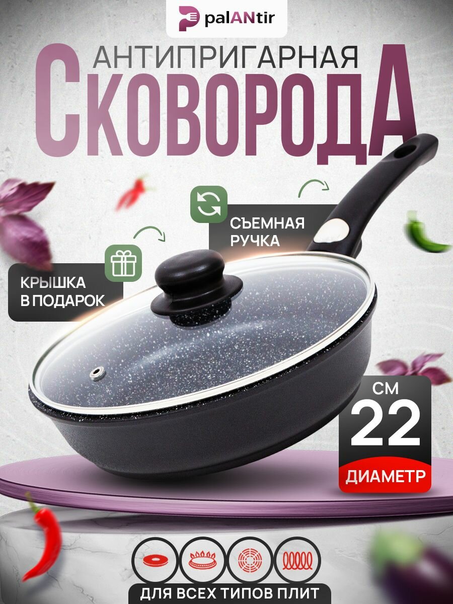 PALANTIR Глубокая антипригарная сковорода для индукционной плиты со съемной ручкой 22 см
