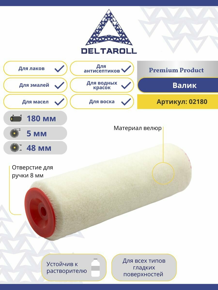 Валик малярный для всех ЛКМ Велюр 180х48 мм, ворс 5 мм Deltaroll
