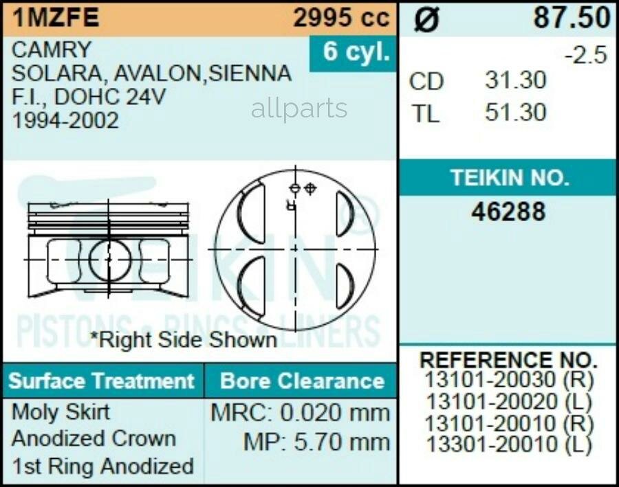 TEIKIN 46288 STD Поршни (к-т 6 шт) TOYOTA CAMRY/WINDOM 1MZ-FE 97-