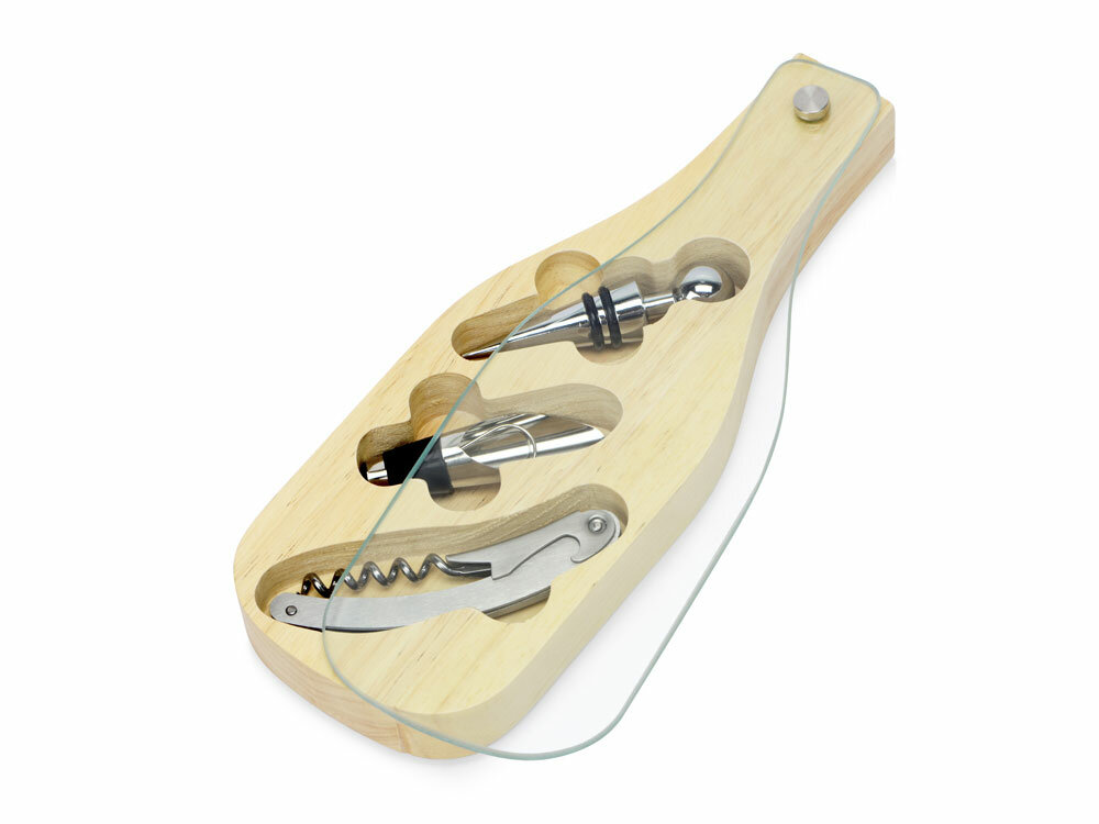 Набор аксессуаров для вина со стеклянной крышкой «Pinotage», натуральный, серебристый/черный