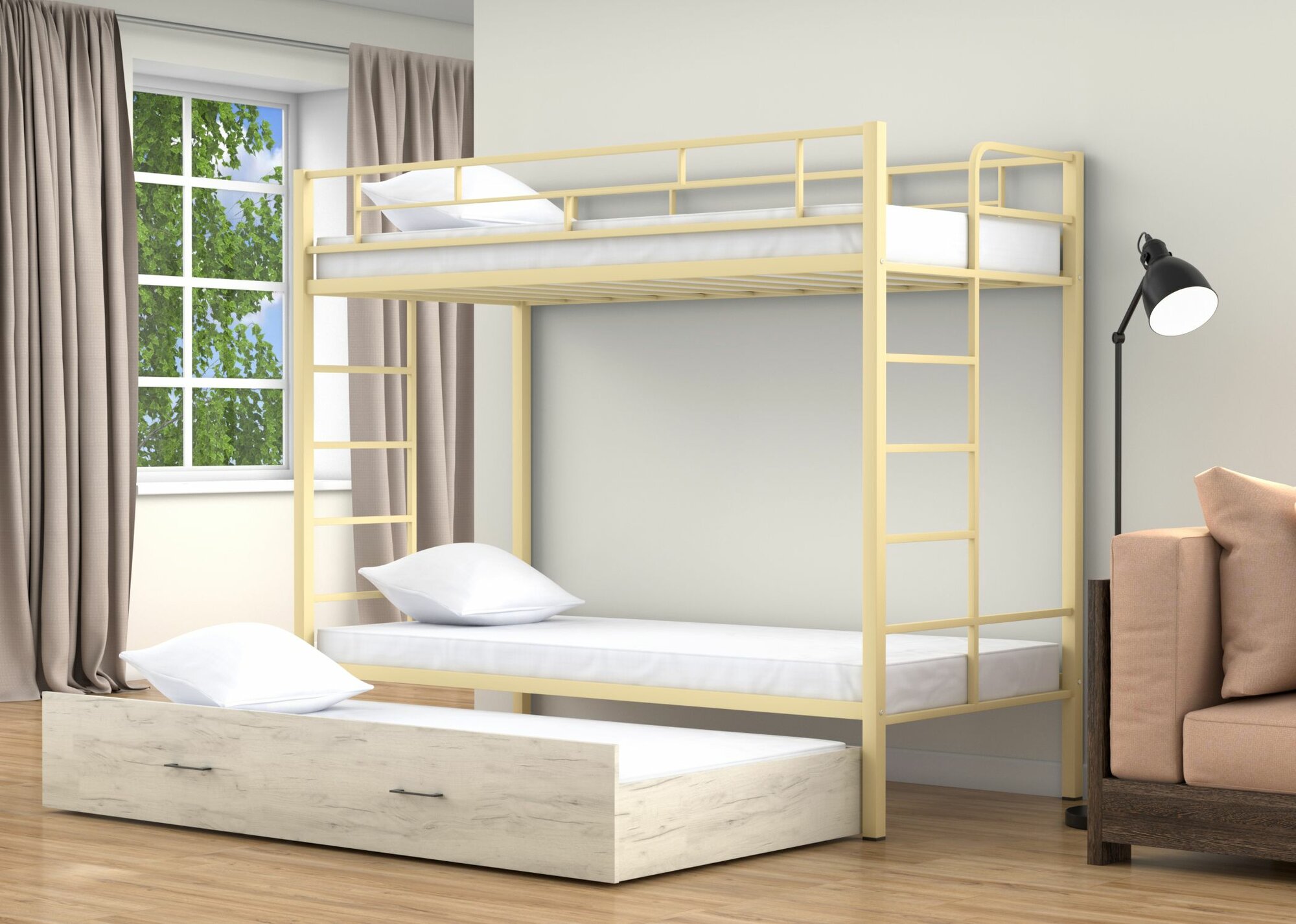 Двухъярусная кровать Валенсия Твист выкатная Слоновая кость/Дуб крафт белый