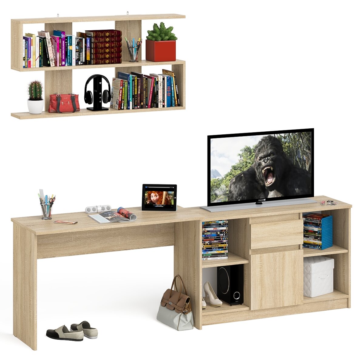 Тумба большая СВК Мори МТВ1204.1 с дверками и нишами со столом и верхней полкой дуб сонома