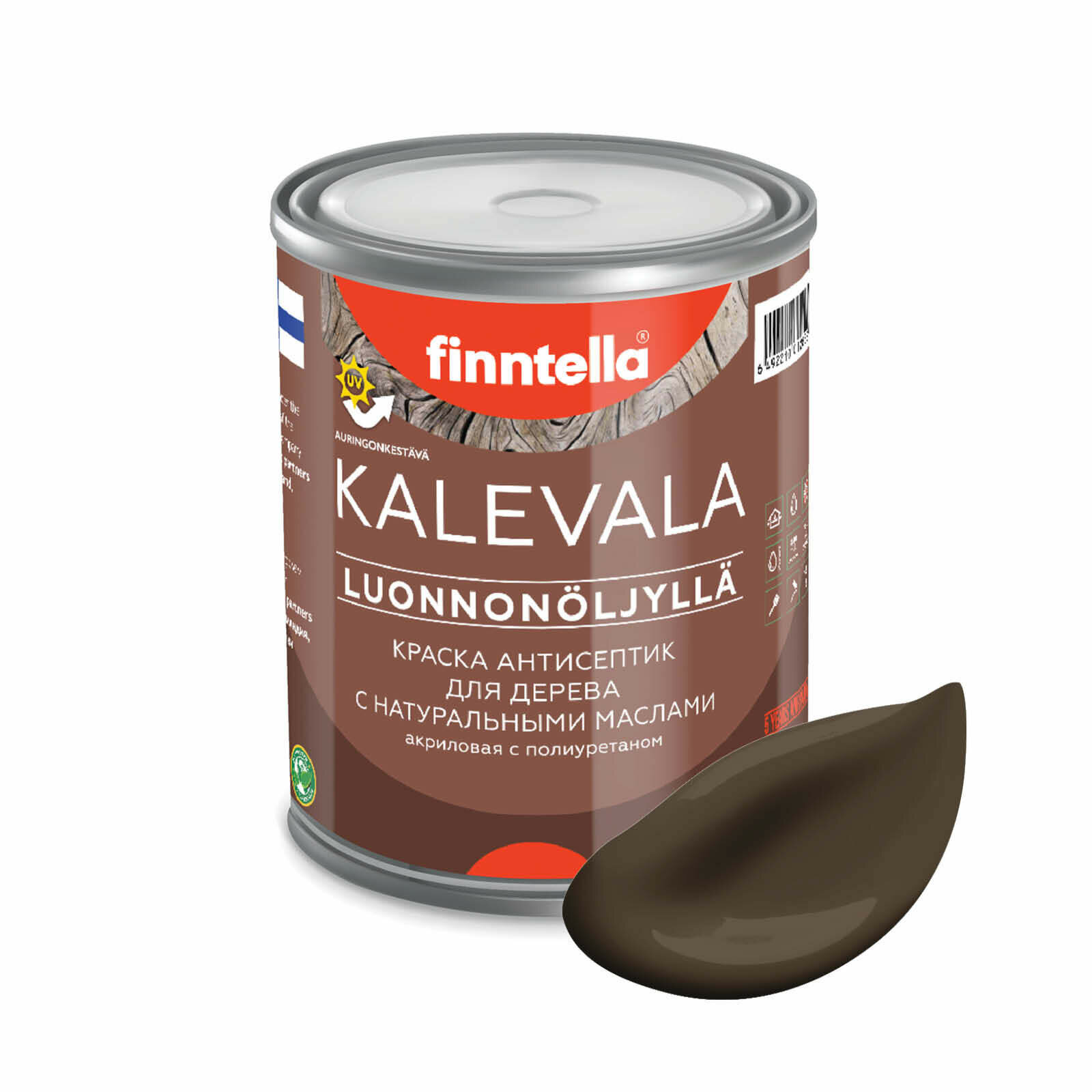 Краска для дерева и деревянных фасадов FINNTELLA KALEVALA, с натуральным маслом и полиуретаном, цвет SUKLAA (коричневый) , 0,9л