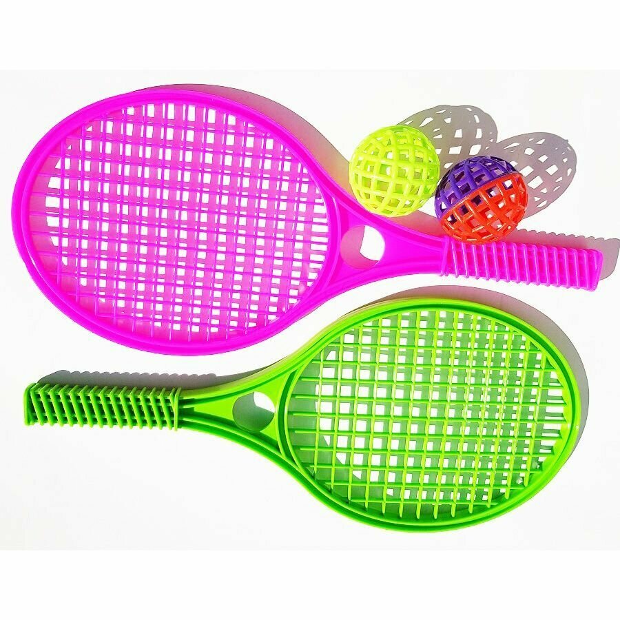 Набор пляжный, для подвижных игр, 2 ракетки и 2 жёстких мяча - в сетке, цвет розово-салатовый