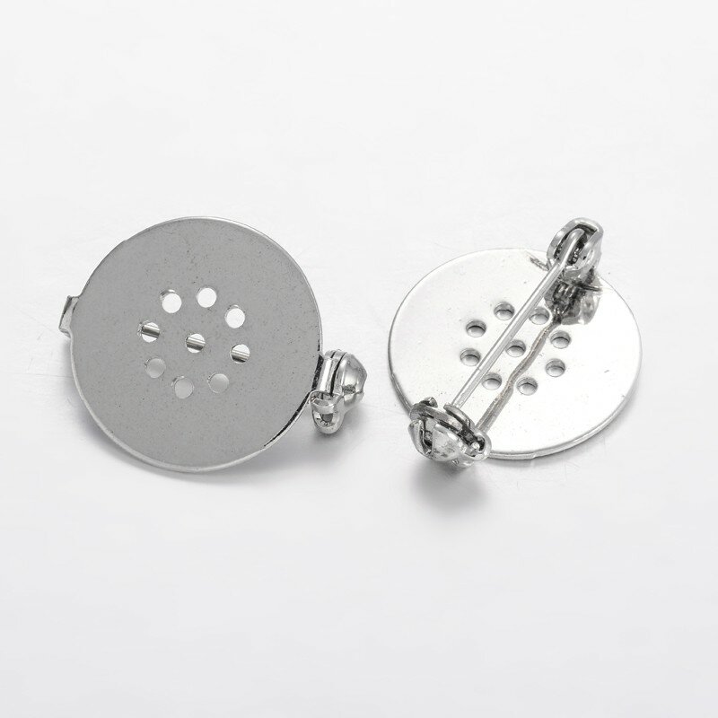 Основа для броши, 22х18мм, с фиксатором, с круглой перфорированной платформой, базовый материал - латунь, стального цвета, 2 шт.
