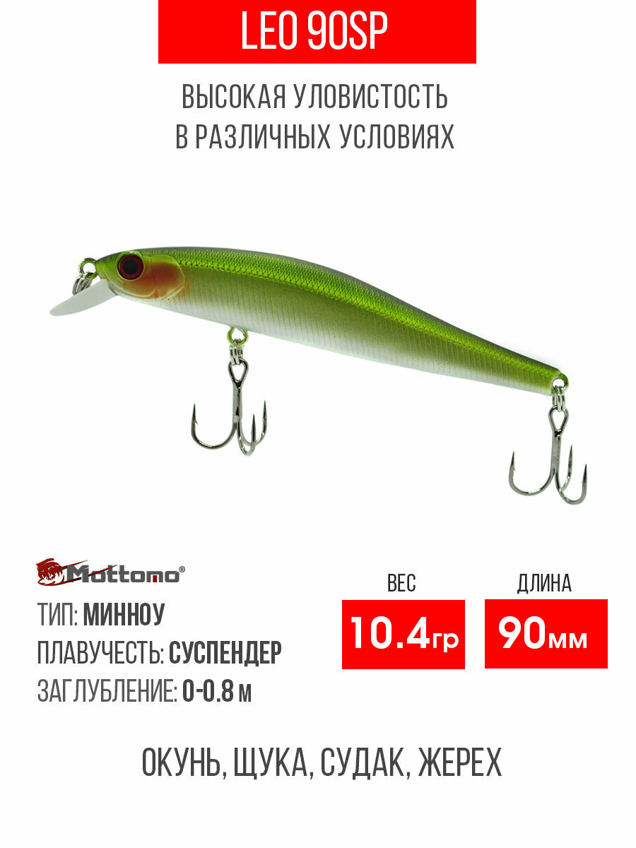 Воблер для рыбалки Mottomo Leo 90SP 10,4g, минноу суспендер для спиннинга, твичинга. Приманка на щуку, сома Light Green
