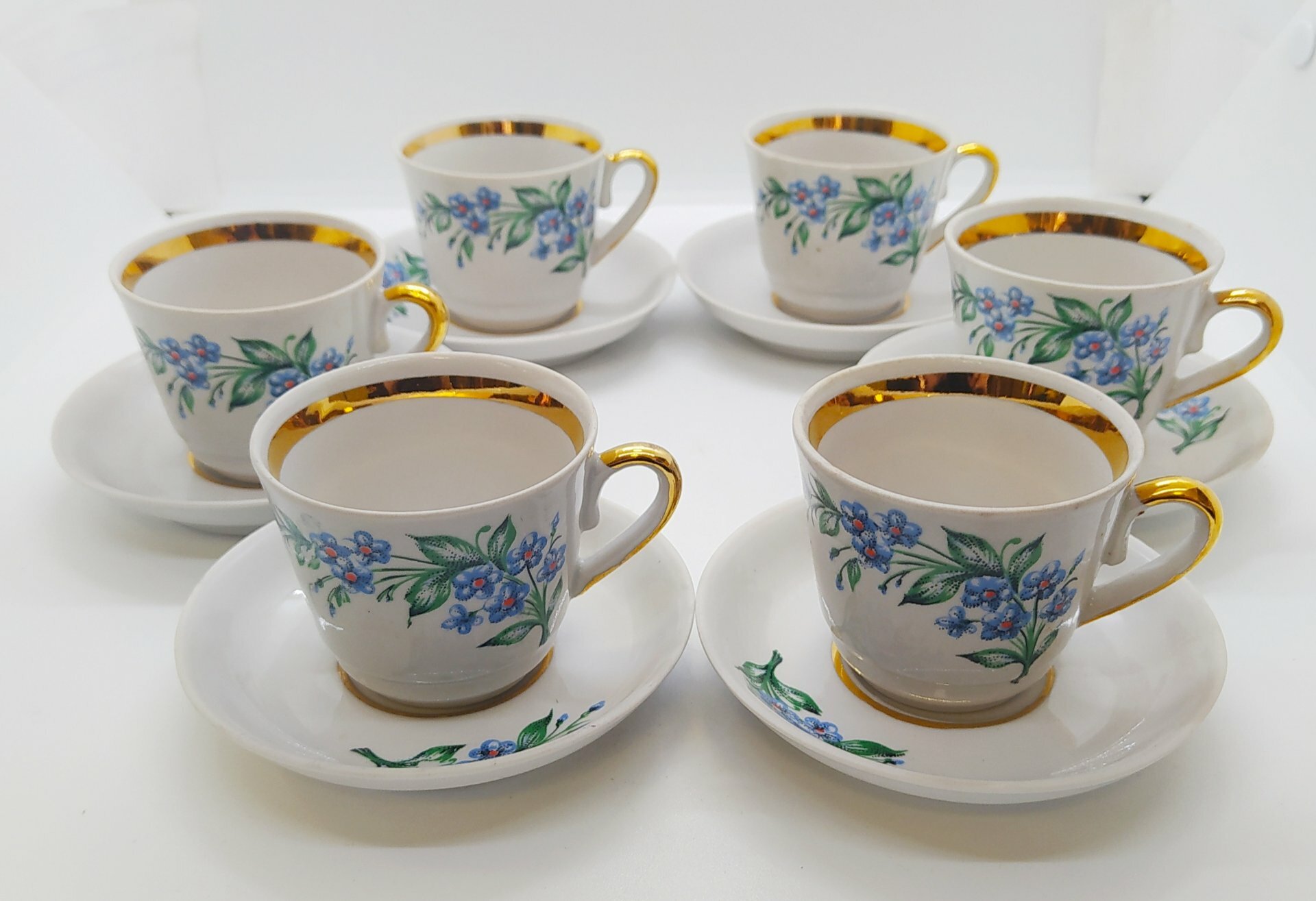 Набор из шести кофейных пар с декором в виде незабудок, фарфор, деколь