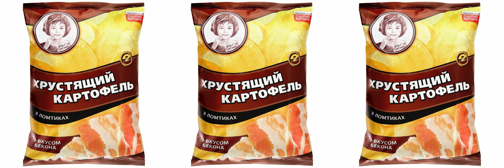 Хрустящий Картофель Чипсы в ломтиках, Бекон, 160 г, 3 шт.