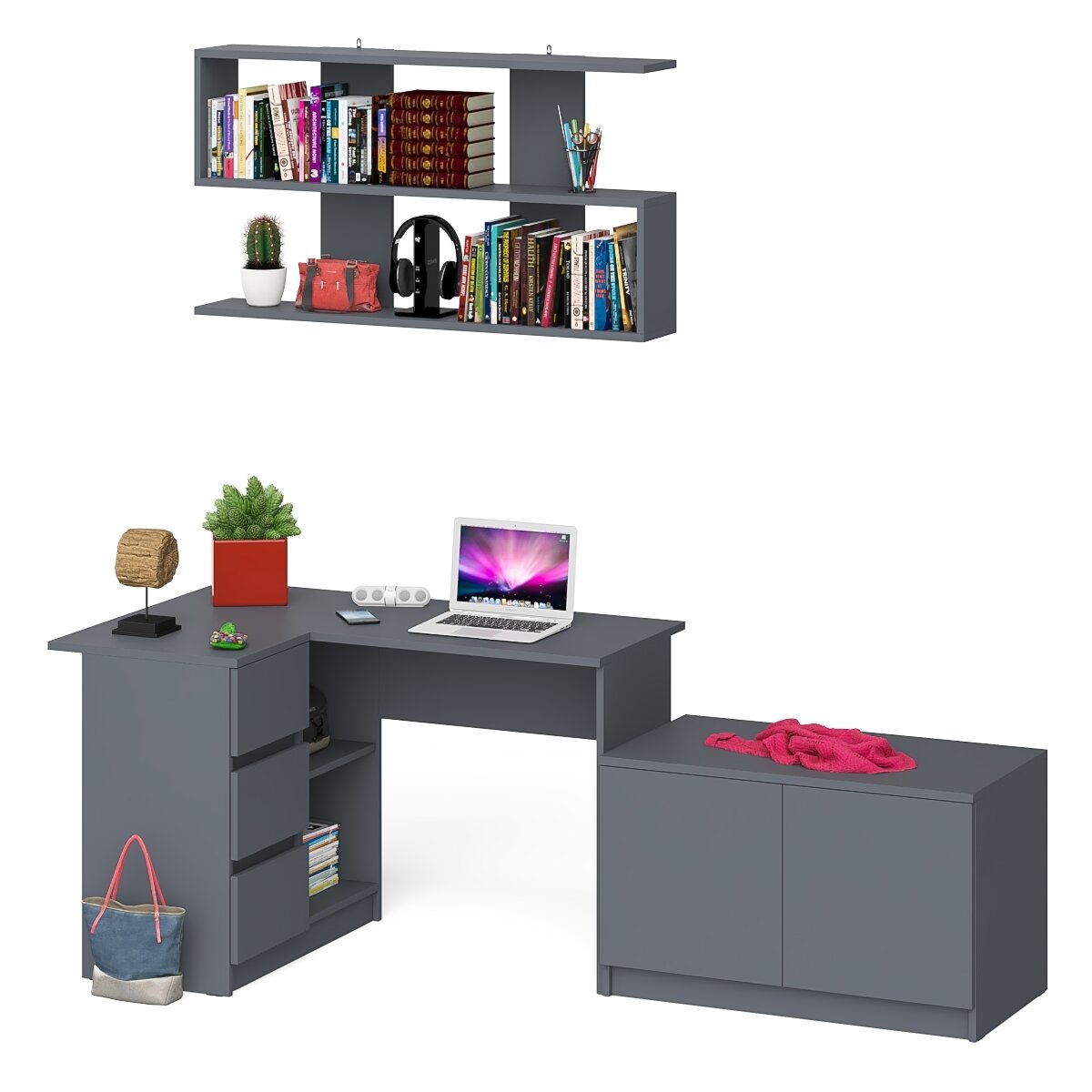 Стол компьютерный Мори МС-16 левый + Тумба МА900.1 + Полка 1200, цвет графит