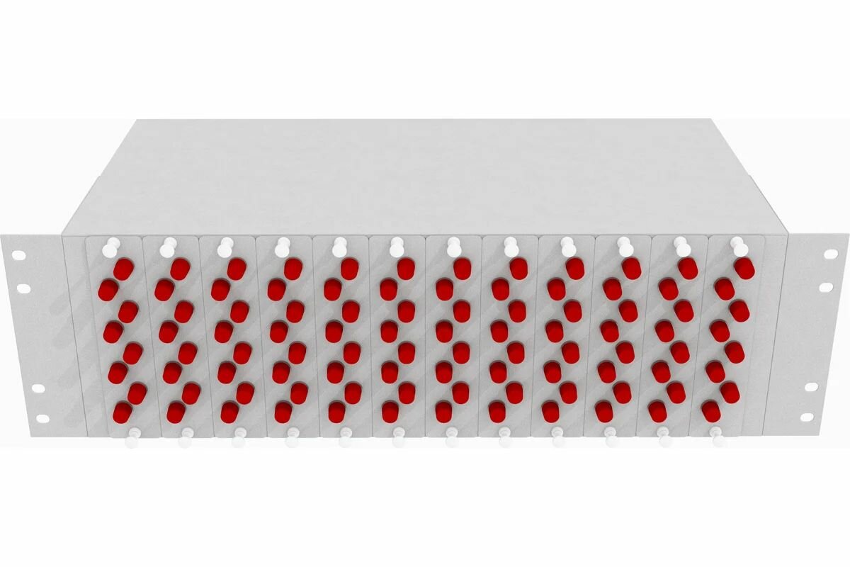 Кросс стоечный оптический VIMCOM 19' укомплектованный 1U, 96 портов FC/UPC, 9/125 мкм (планки, сплайс-кассета, пигтейлы, адаптеры, КДЗС), серый.