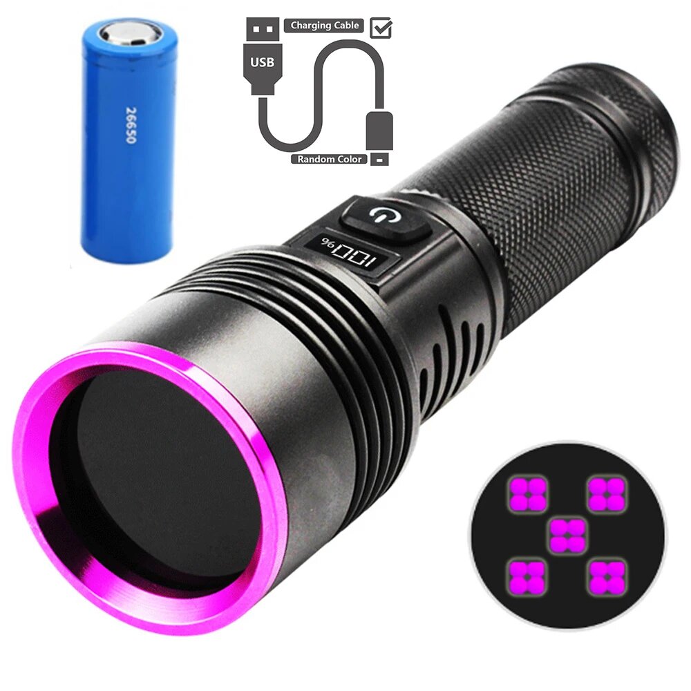 Мощный УФ-фонарик 365 нм, высокая мощность, черное зеркало, фиолетовый свет, фонарик для обнаружения, Type-C, USB перезаряжаемая светодиодная ультрафиолетовая лампа