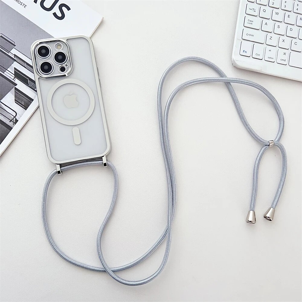 Чехол для iPhone 17 16 15 Pro Max, прозрачный чехол для Magsafe через плечо с ремешком и ремешком, чехол для iPhone 15 14 Pro Max 13, чехол iPhone17 Про Макс, Silver