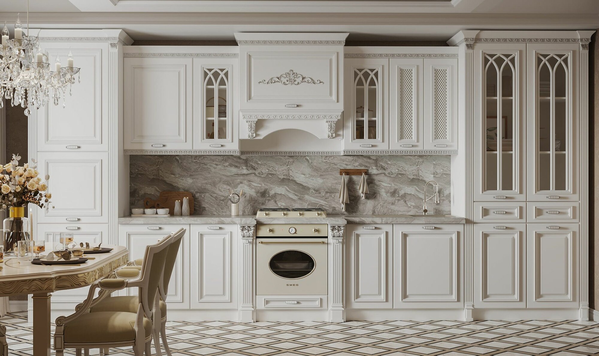 Кухонный гарнитур Арида "Монако", прямой, 4,7 м, ЛДСП, МДФ, белый/серебристый