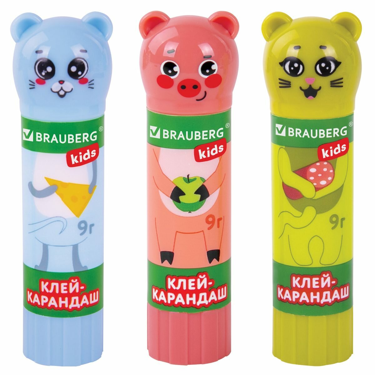Клей-карандаш Brauberg Kids "Зверята: кошка, мышка, хрюшка", 9г, фигурный колпачок (271138), 24 уп.