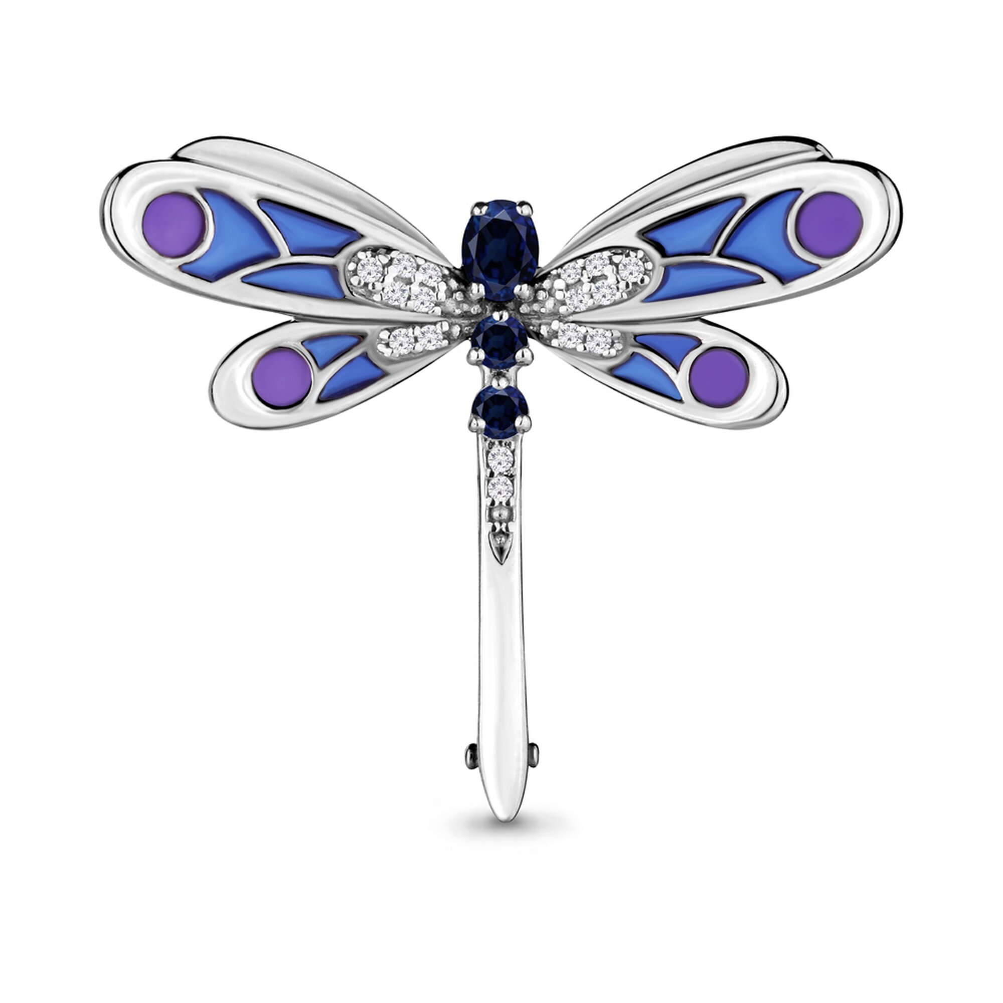 Брошь, серебро, 925 проба, родирование, сапфир синтетический, эмаль, фианит