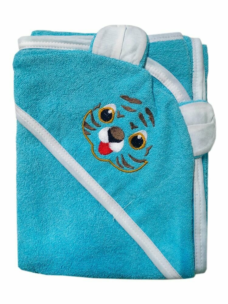 Махровое полотенце детское "Уголок" 95*95 с ушками (Тигренок, бирюзовый)