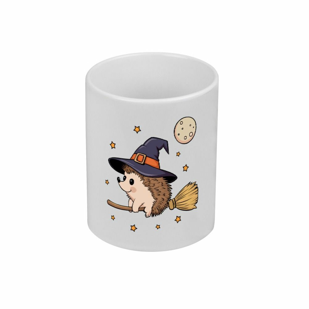 Кружка Ежик на метле в колпаке ведьмы. Хэллоуин. Юмор