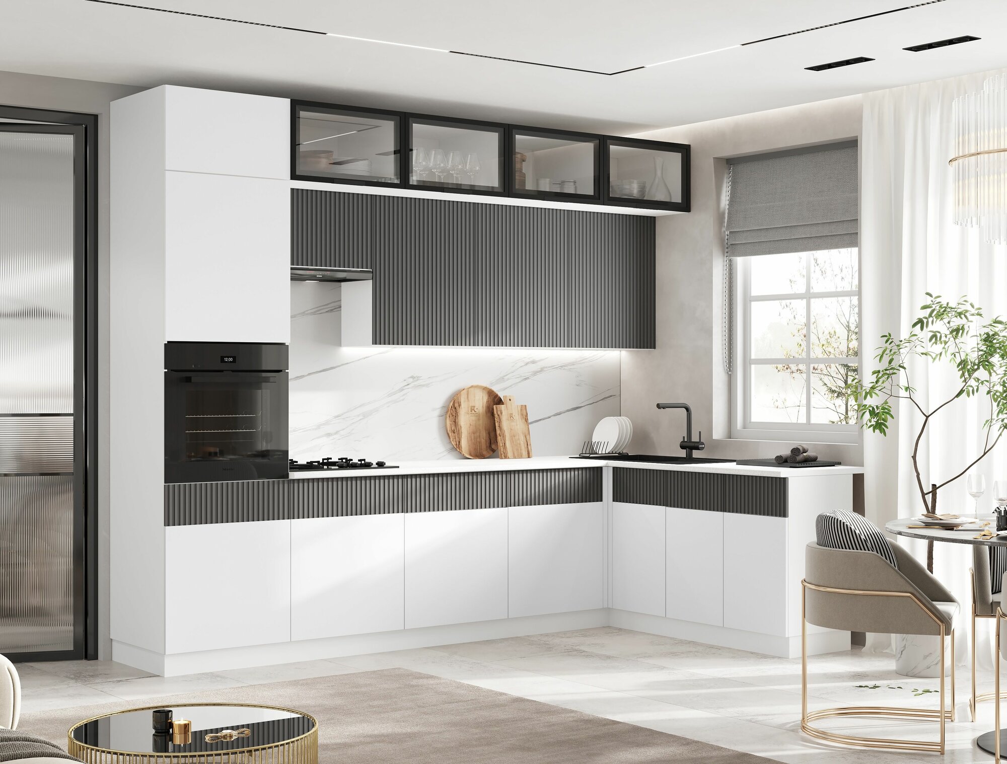 Кухонный гарнитур Оливия 3.0 х 1.8 м Белый снег софт/Графит софт NEW / Белый