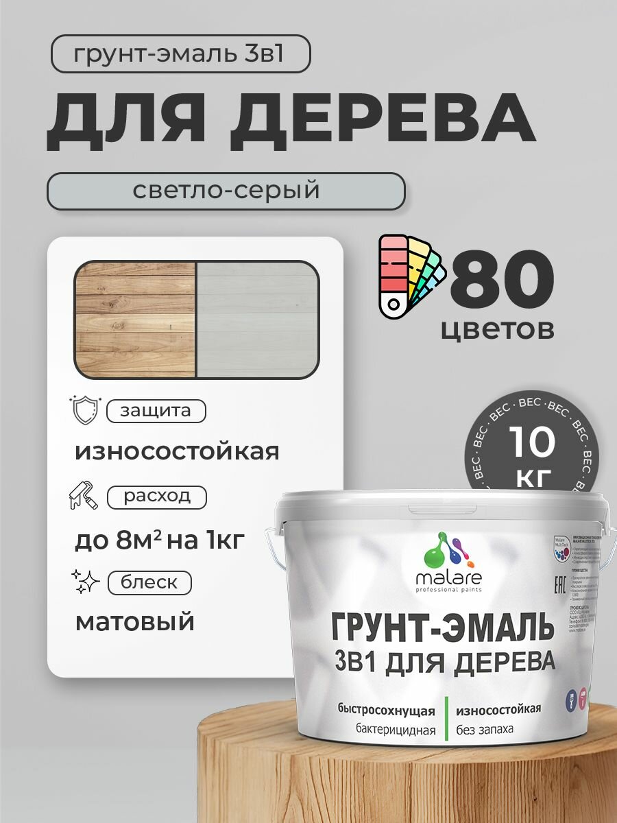 Акриловая Грунт-Эмаль 3 в 1 Malare для деревянных поверхностей/ краска по дереву с антисептическим эффектом/ быстросохнущая моющаяся без запаха матовая, светло-серый, 10 кг