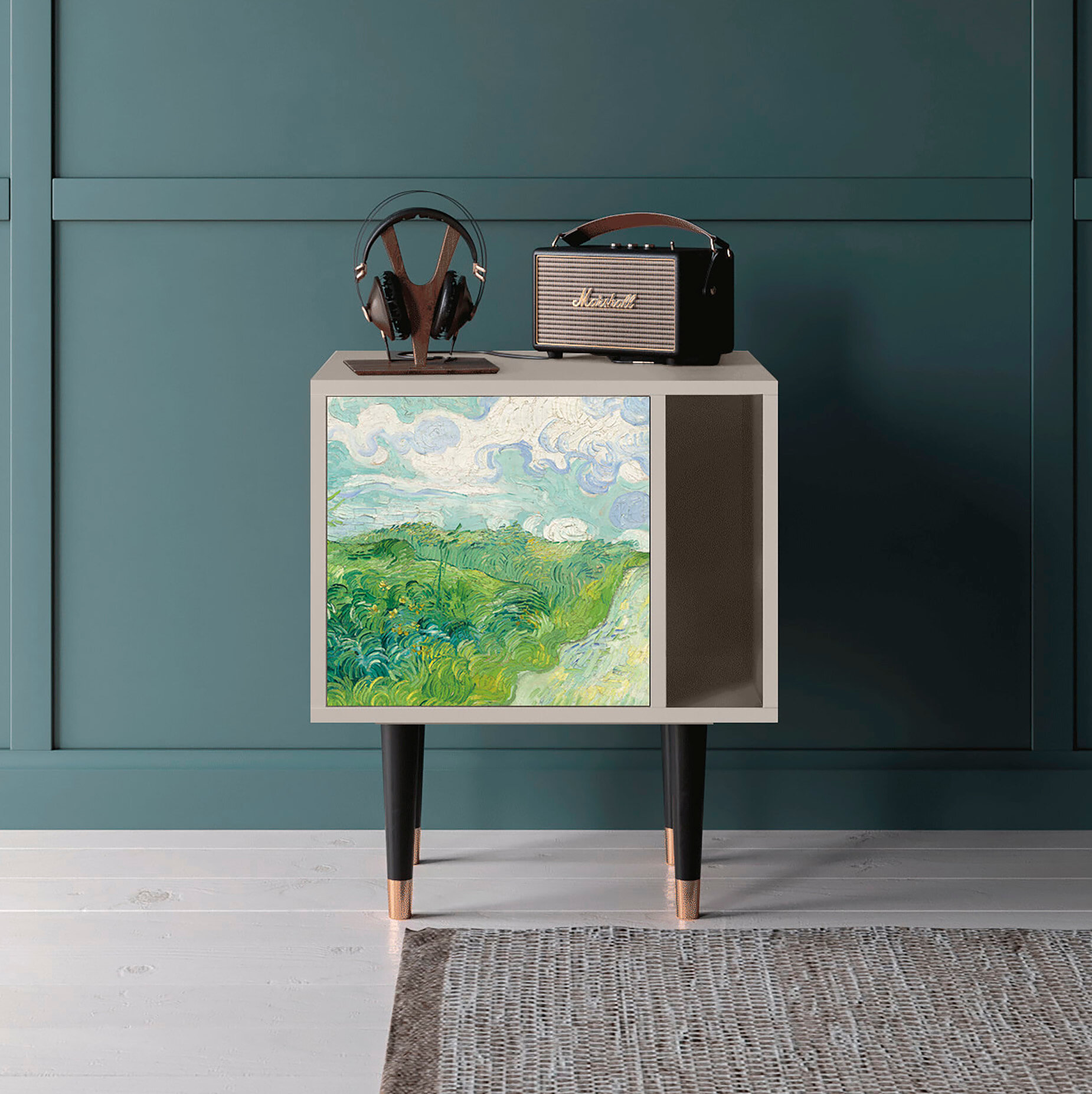 Прикроватная тумба - STORYZ - S2 Green Wheat Fields by Van Gogh, Размер - 58 x 69 x 48 см, Цвет - Сатин