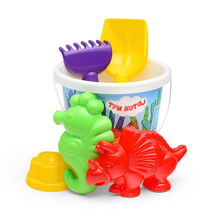 Песочный набор "Три кота" №16: Ведро с наклейкой, лопатка №5, грабельки №5, формочки (цветок + морск