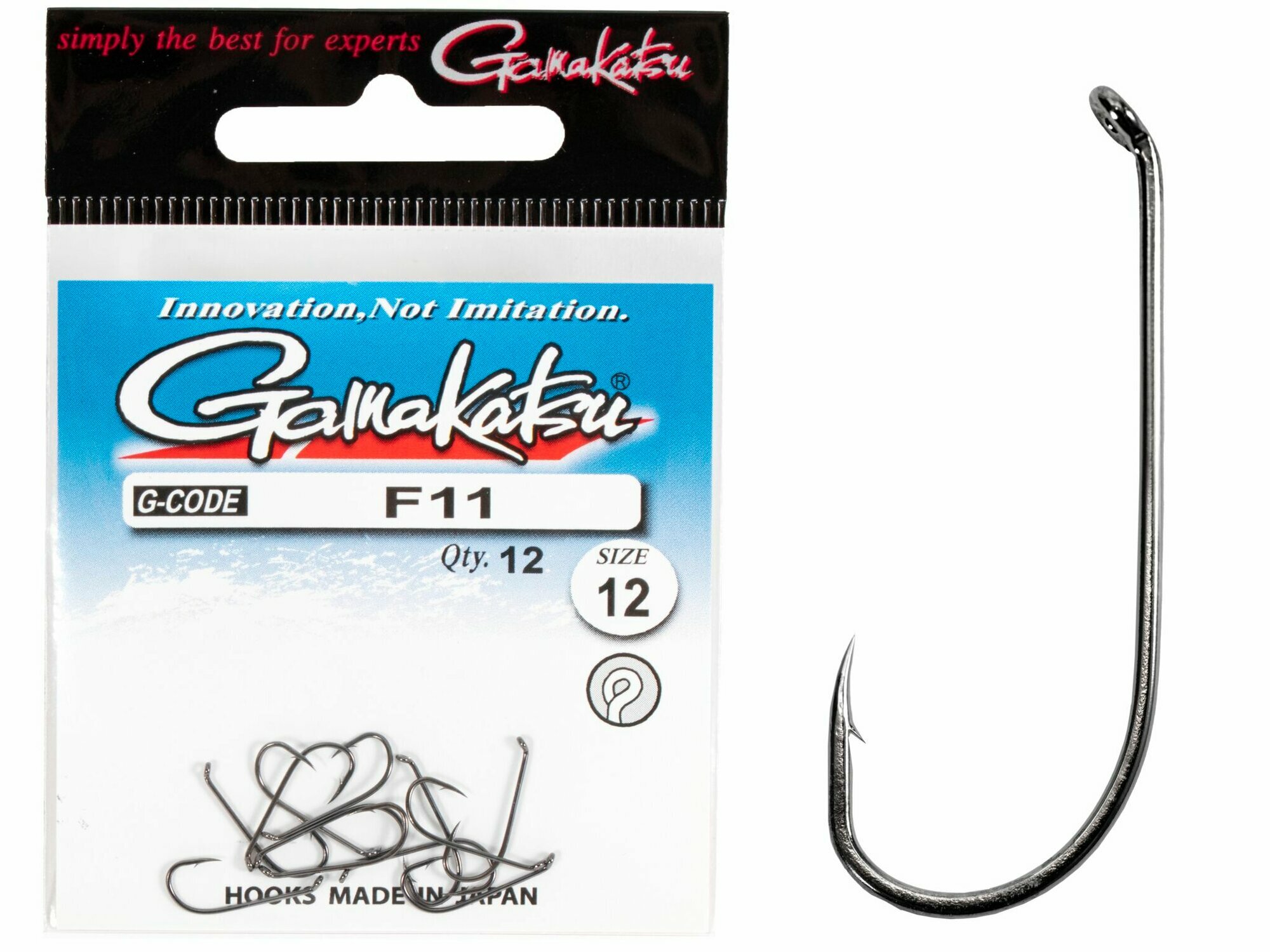 Крючки для рыбалки одноподдевные металлические набор на щуку и сома, Gamakatsu F11 NEW LABEL HOOKS BLACK разм. 12 12шт. по 1 упак, снасти карповые летние Япония