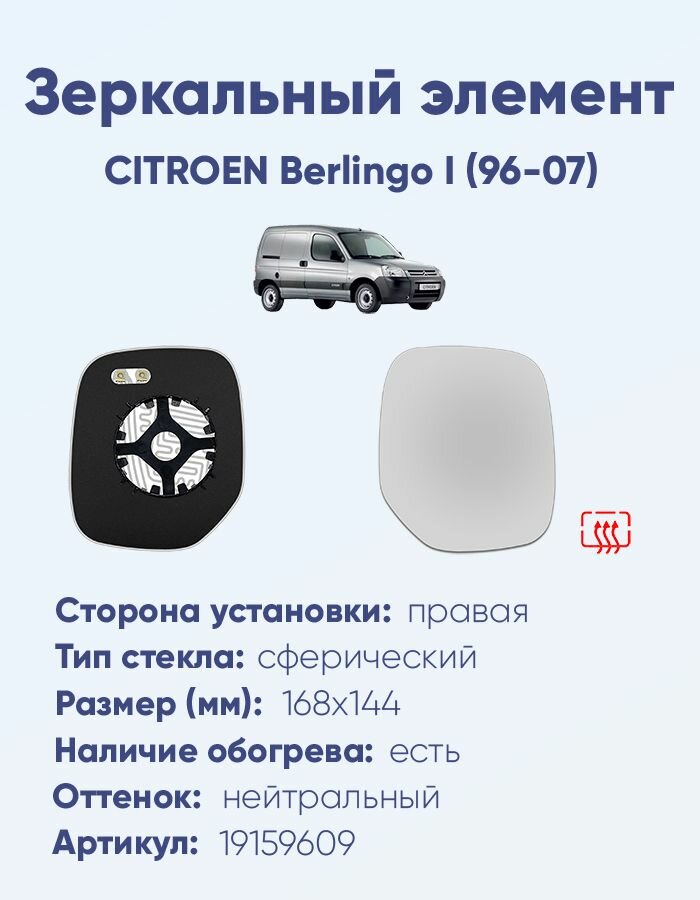 Зеркальный элемент правый CITROEN Berlingo I (96-07) сфера нейтральный с обогревом