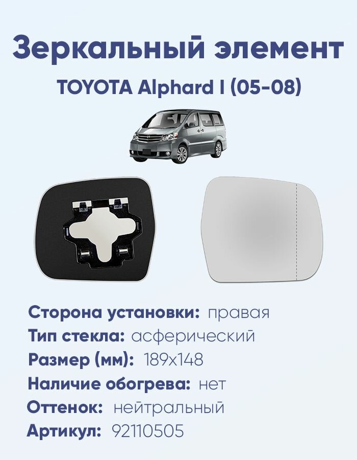 Зеркальный элемент правый TOYOTA Alphard I (05-08) асферика нейтральный без обогрева