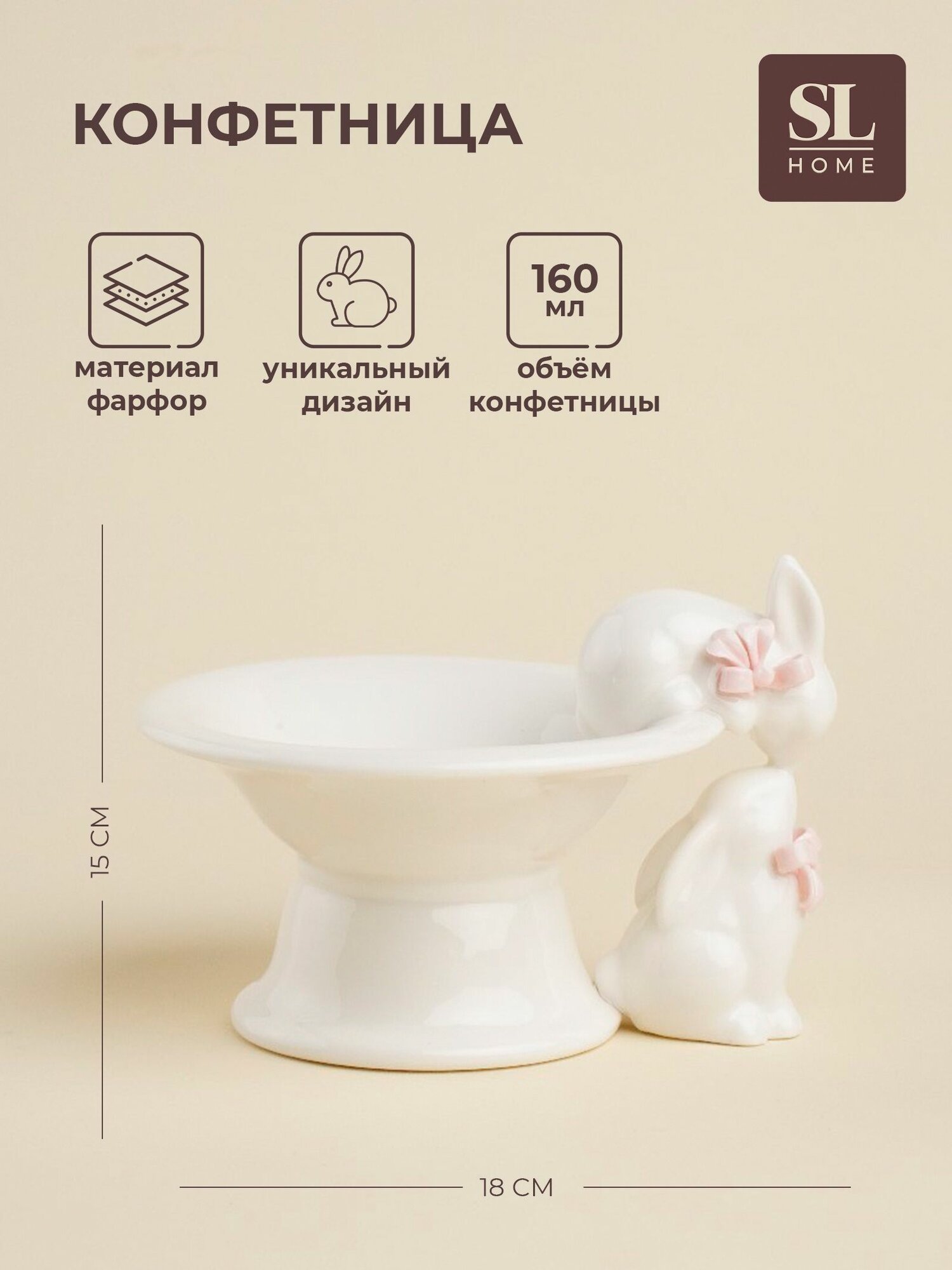 Конфетница SL Home Лесные кролики , 160 мл, 18 15 13 см, фарфор, белая