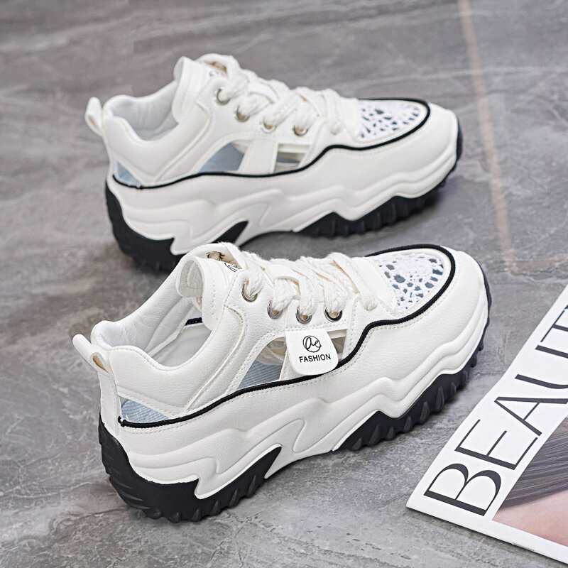 MOOCIE Женские кроссовки Daddy Shoes, лето 2025, новые ажурные дышащие спортивные туфли, женская толстая подошва, усиливающая нескользящую подошву, трендовая повседневная обувь