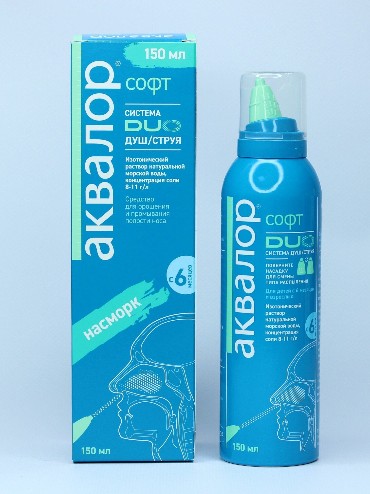 Средство для промывания носа Аквалор Софт Дуо душ/струя назальный, 150 мл, 1 шт.