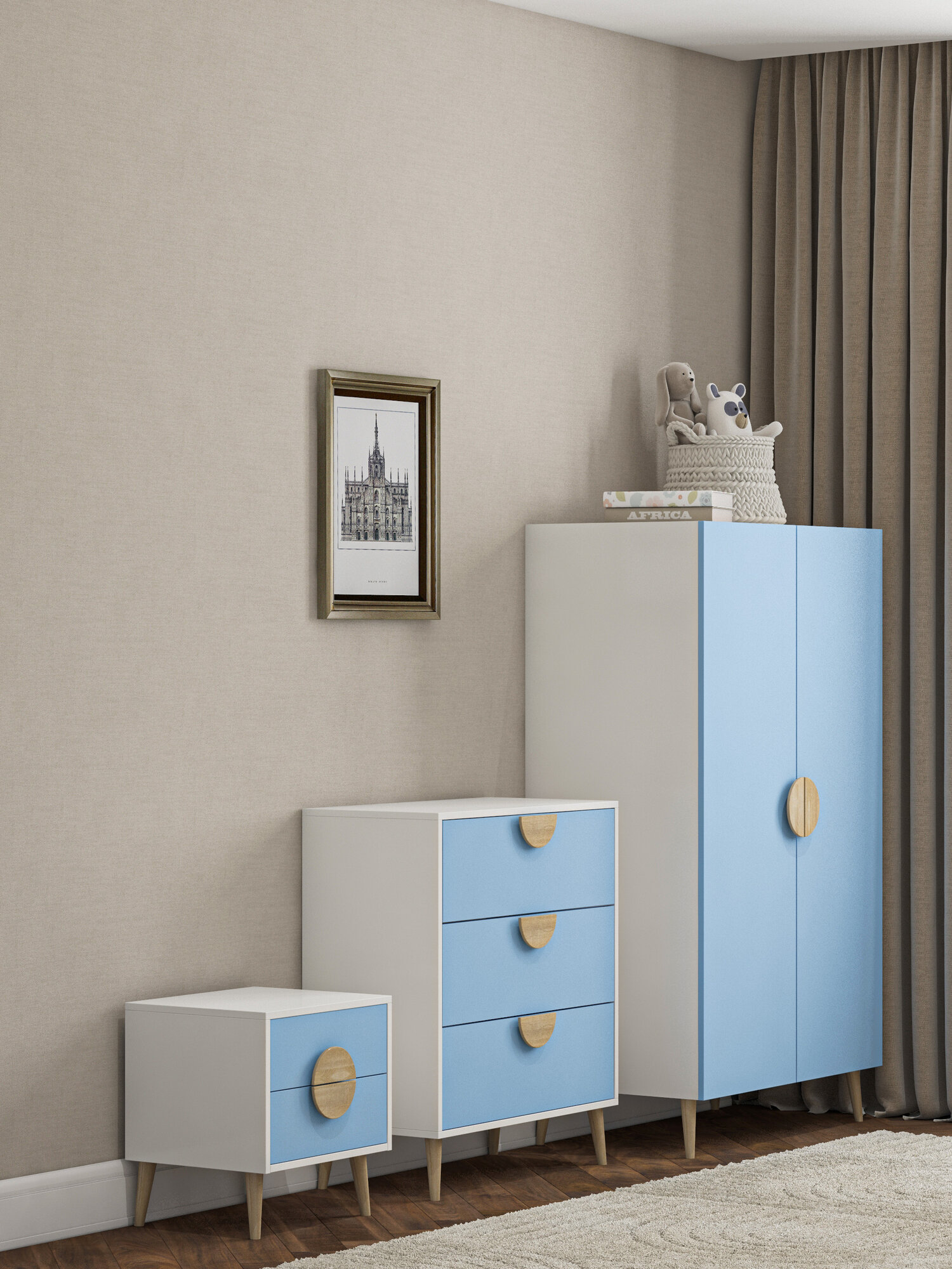 Комод Модерн голубой детский с 3 ящиками на ножках деревянные ручки