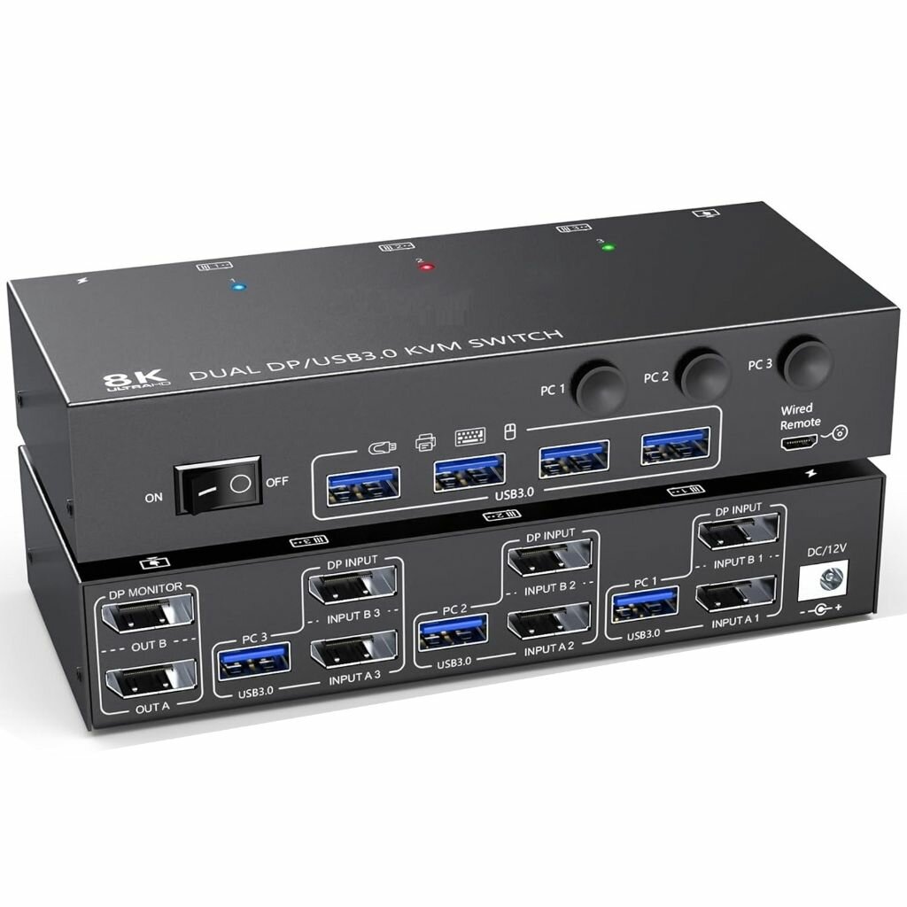 8K USB3.0 DisplayPort KVM Switchs 2 Монторы 3COMPUTER для удобного управления устройствами, US
