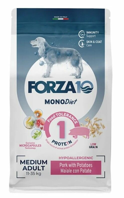 Сухой корм FORZA10 DOG MEDIUM DIET LOW GRAIN низкозерновой для взрослых собак средних пород при аллергии со свининой и картофелем (1,5 кг)