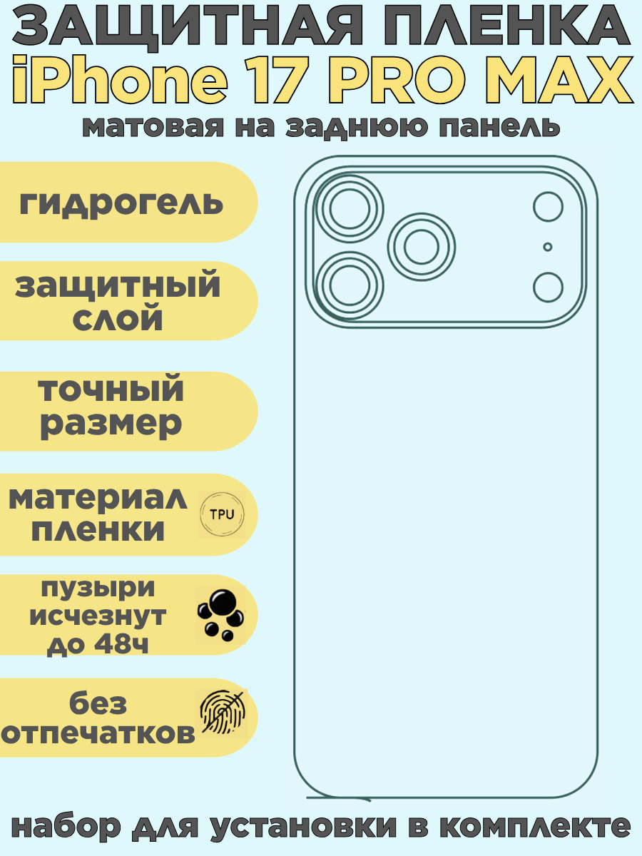 Задняя панель. Гидрогелевая полиуретановая защитная пленка для iPhone 17 PRO MAX матовая